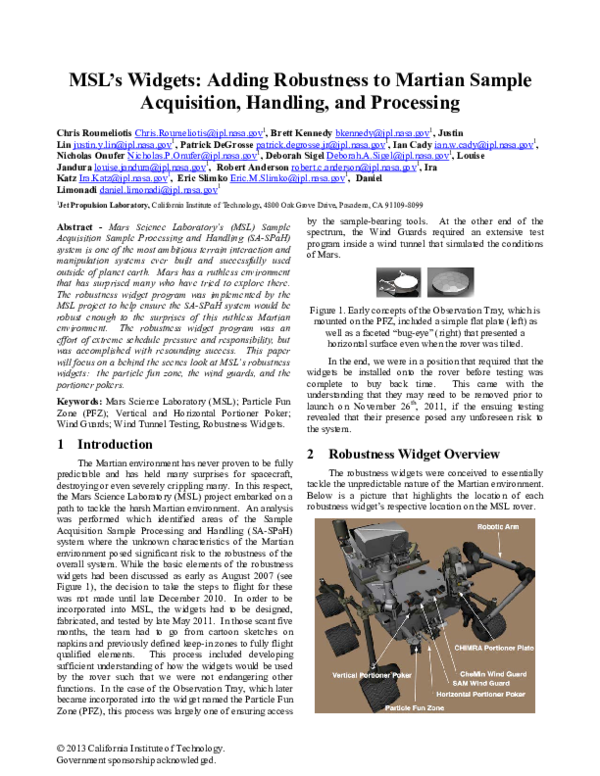 (PDF) MSL's Widgets: Adding Rebustness to Martian Sample Acquisition ...