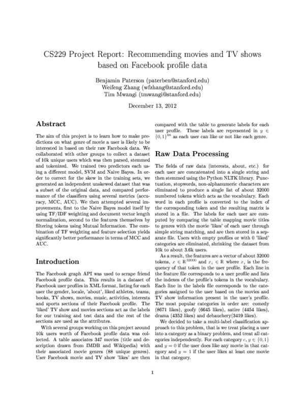 (PDF) CS 229 Project Report : Recommending movies and TV shows based on Facebook pro le data