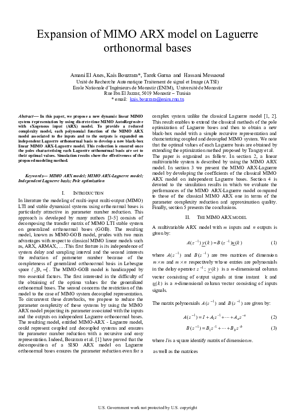 Pdf Expansion Of Mimo Arx Model On Laguerre Orthonormal Bases Kais Bouzrara