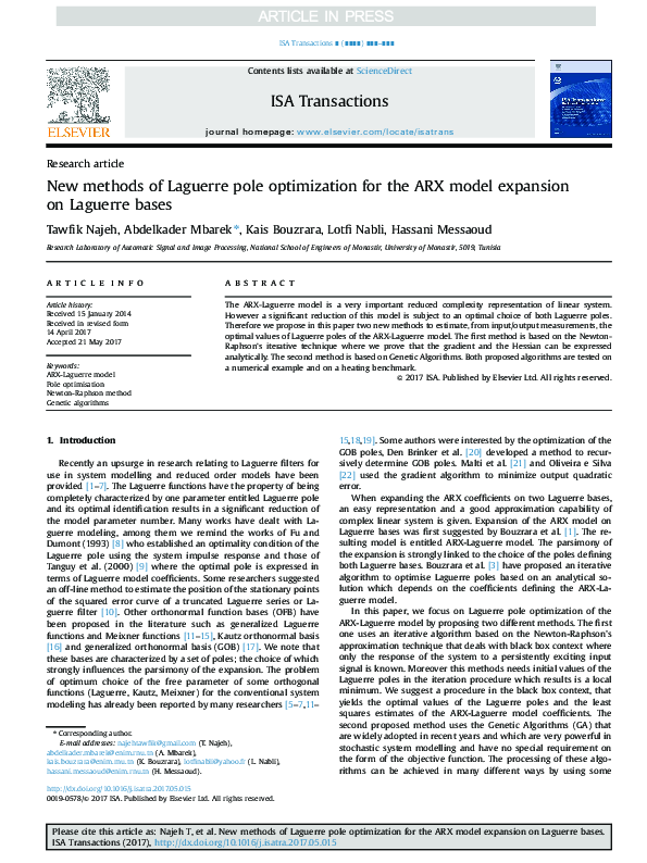 Pdf New Methods Of Laguerre Pole Optimization For The Arx Model Expansion On Laguerre Bases