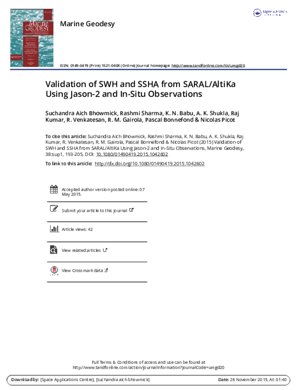 (PDF) Validation of SWH and SSHA from SARAL/AltiKa Using Jason-2 and In ...