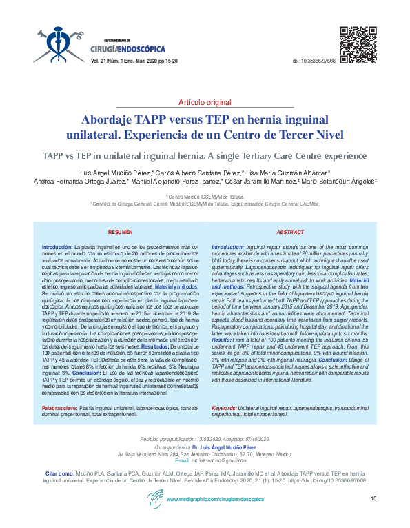 (PDF) Abordaje TAPP versus TEP en hernia inguinal unilateral. Experiencia de un Centro de Tercer ...