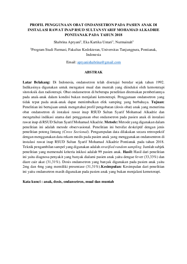 Pdf Profil Penggunaan Obat Ondansetron Pada Pasien Anak Di Instalasi