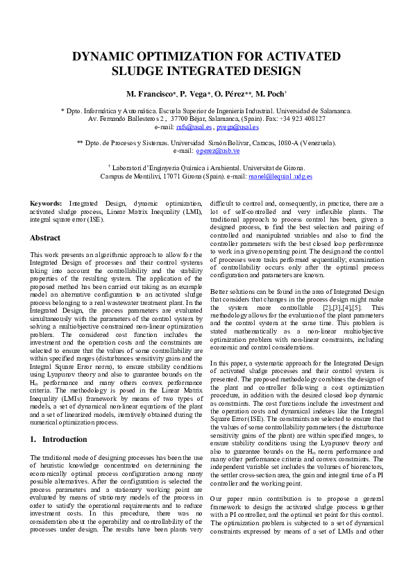 (PDF) Dynamic optimization for activated sludge integrated design