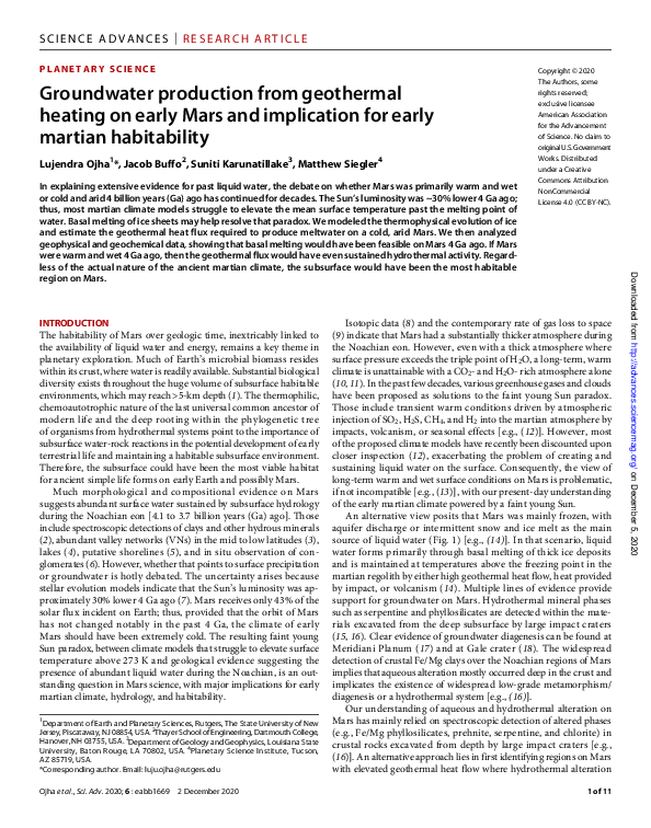 (PDF) Groundwater production from geothermal heating on early Mars and ...
