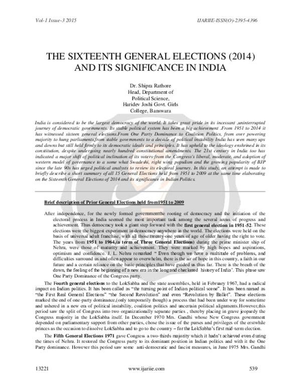 (PDF) The Sixteenth General Elections (2014) and Its Significance in India