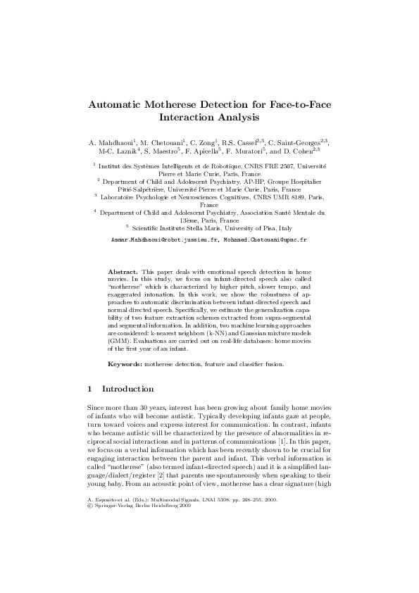 (PDF) Automatic motherese detection for face-to-face interaction analysis