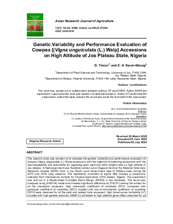 (PDF) Genetic Variability and Performance Evaluation of Cowpea [(Vigna unguiculata (L.) Walp ...