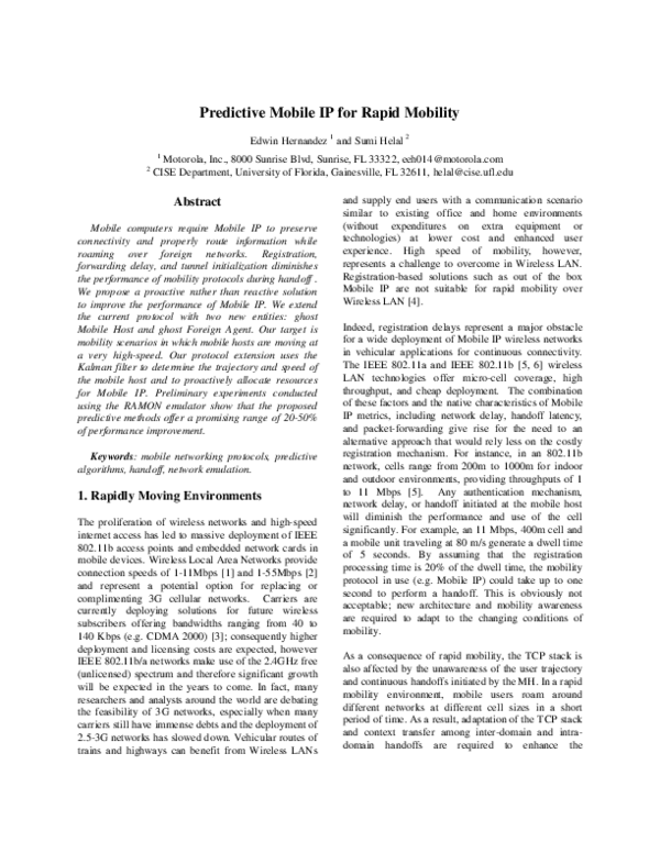 Pdf Predictive Mobile Ip For Rapid Mobility