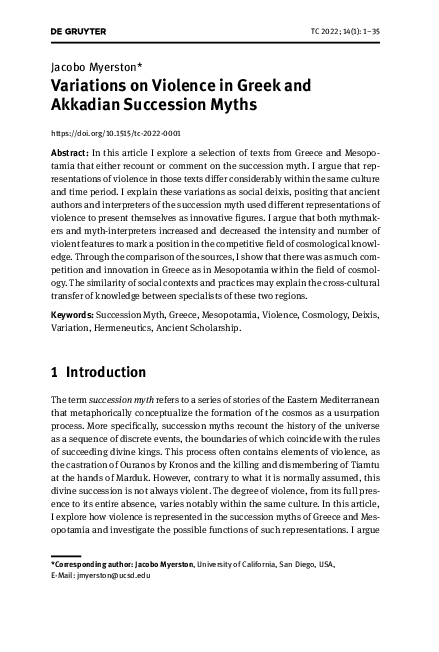 (PDF) Variations on Violence in Greek and Akkadian Succession Myths