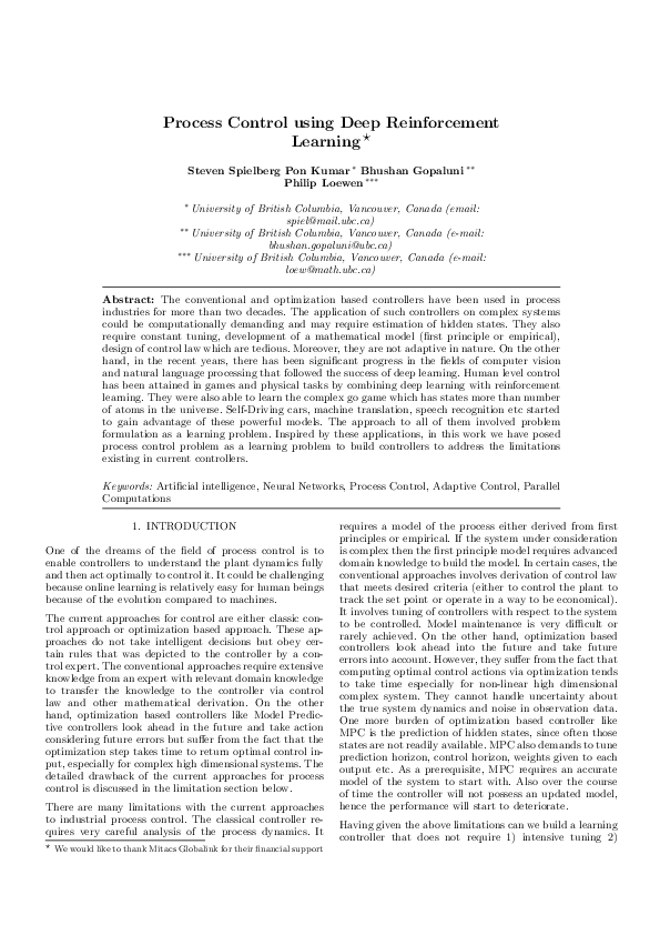 (PDF) Process Control using Deep Reinforcement Learning