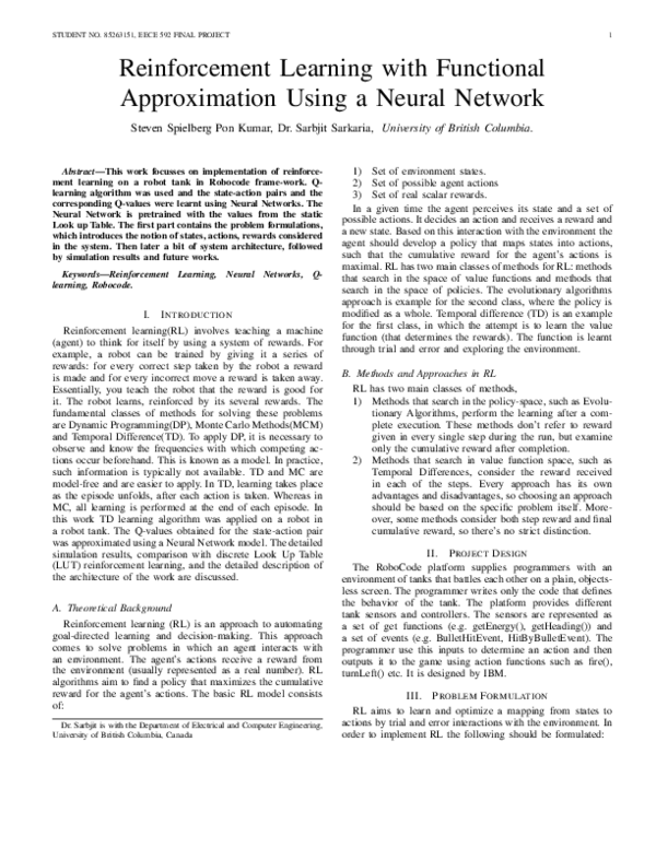 Pdf Reinforcement Learning With Functional Approximation Using A Neural Network