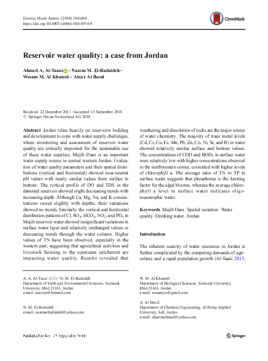 (PDF) Reservoir water quality: a case from Jordan