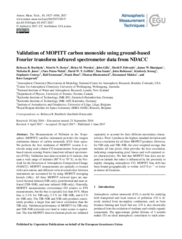 (PDF) Validation of MOPITT carbon monoxide using ground-based Fourier ...