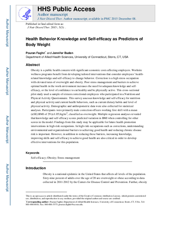 (PDF) Health Behavior Knowledge and Self-efficacy as Predictors of Body ...