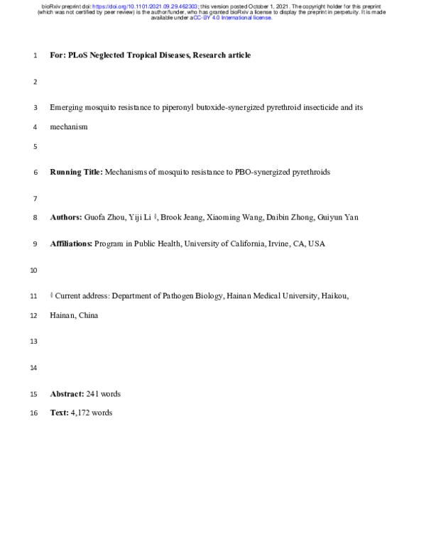 Pdf Emerging Mosquito Resistance To Piperonyl Butoxide Synergized