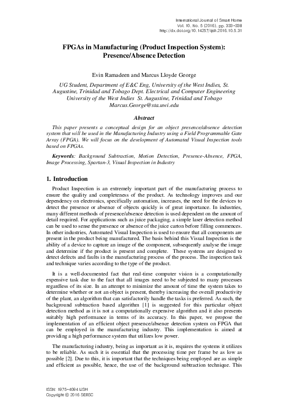 (PDF) FPGAs in Manufacturing (Product Inspection System): Presence/Absence Detection