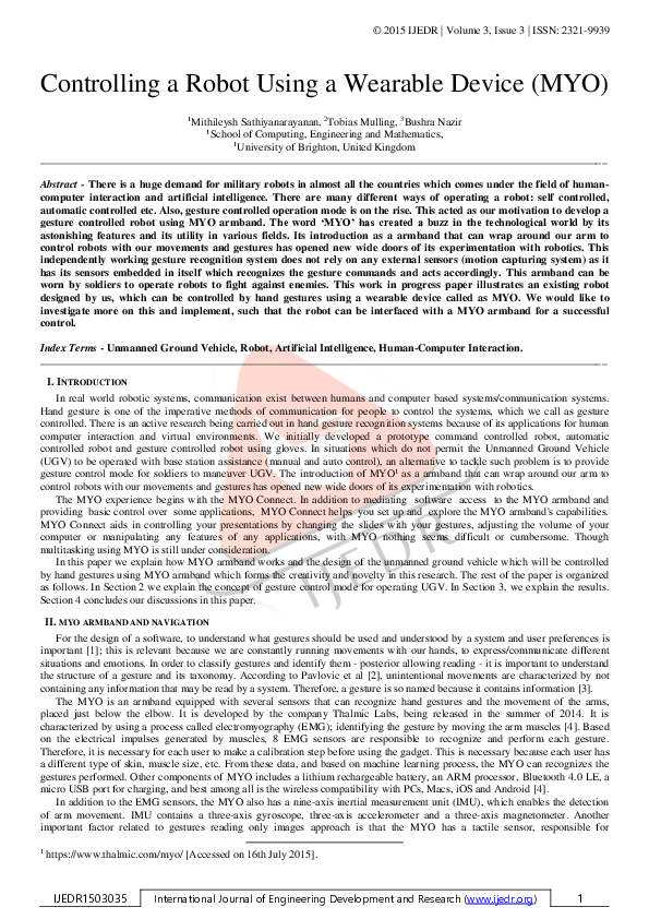 (PDF) Controlling a Robot Using a Wearable Device (MYO)