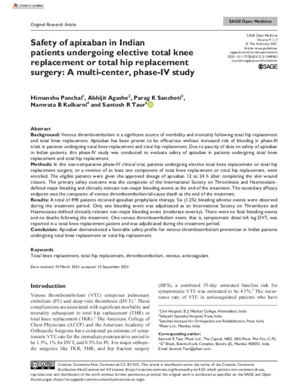 (PDF) Safety of apixaban in Indian patients undergoing elective total ...