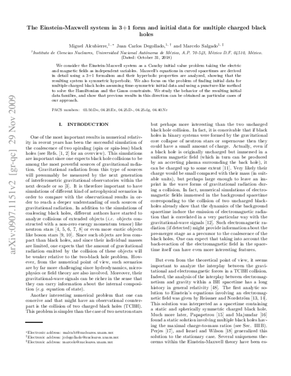 (PDF) Einstein-Maxwell system in3+1form and initial data for multiple charged black holes