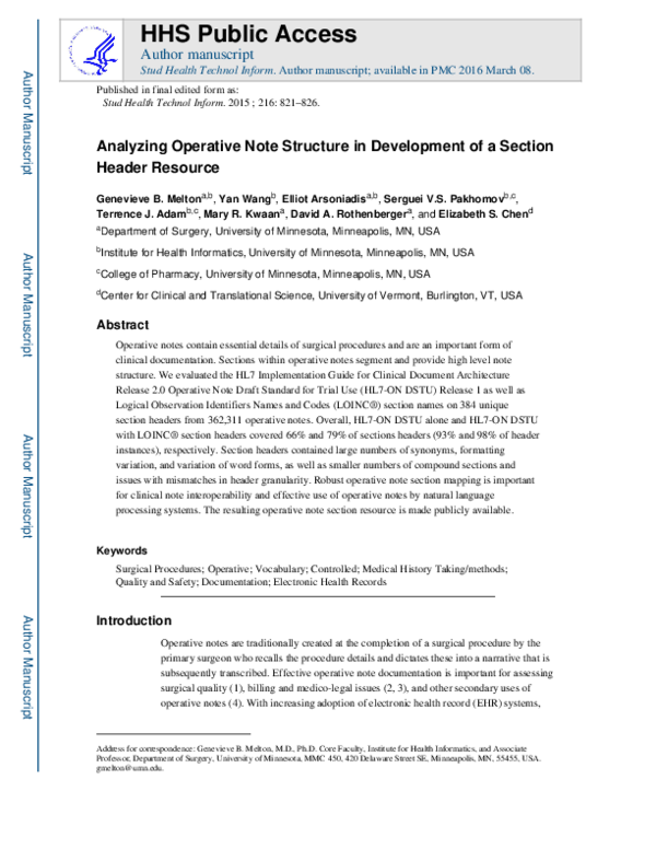 (PDF) Analyzing Operative Note Structure in Development of a Section ...