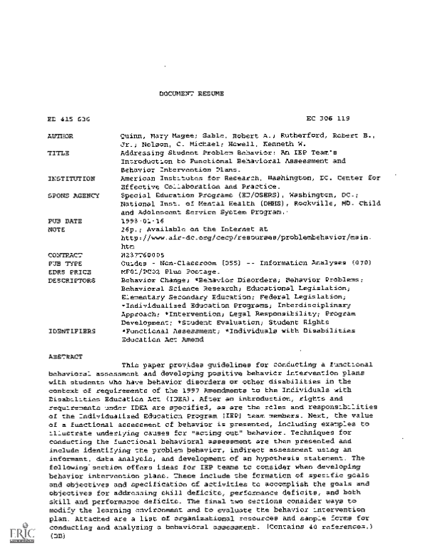 (PDF) Addressing Student Problem Behavior: An IEP Team's Introduction to Functional Behavioral ...