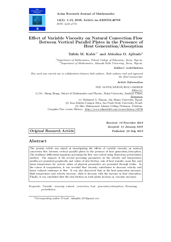 Pdf Effect Of Variable Viscosity On Natural Convection Flow Between Vertical Parallel Plates