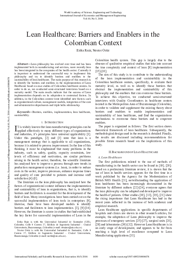 (PDF) Lean Healthcare: Barriers And Enablers In The Colombian Context