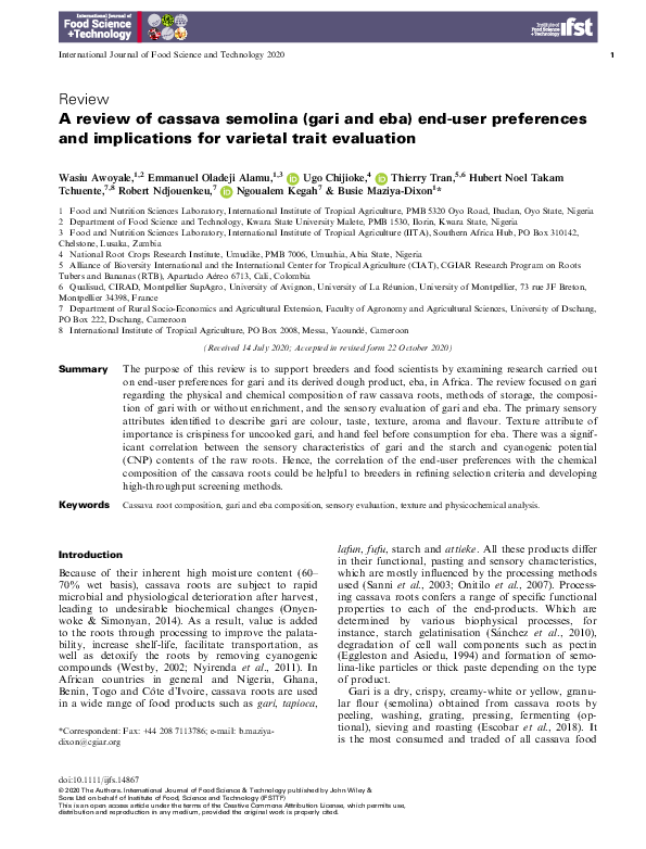(PDF) A review of cassava semolina (gari and eba) end‐user preferences ...