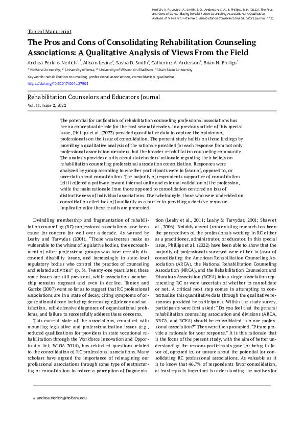 (PDF) The Pros and Cons of Consolidating Rehabilitation Counseling ...