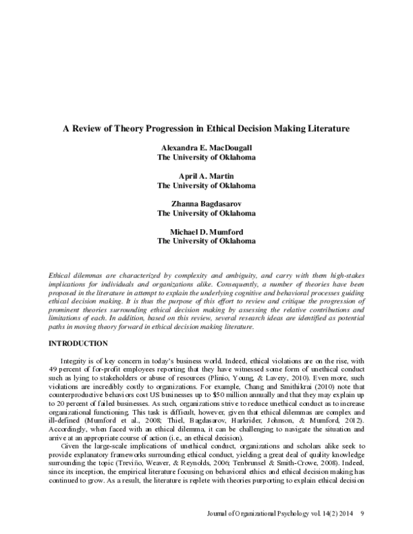 (PDF) A Review of Theory Progression in Ethical Decision Making Literature