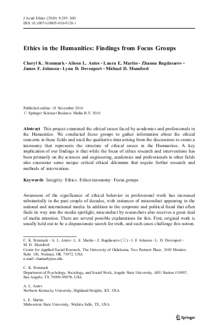 (PDF) Ethics in the Humanities: Findings from Focus Groups