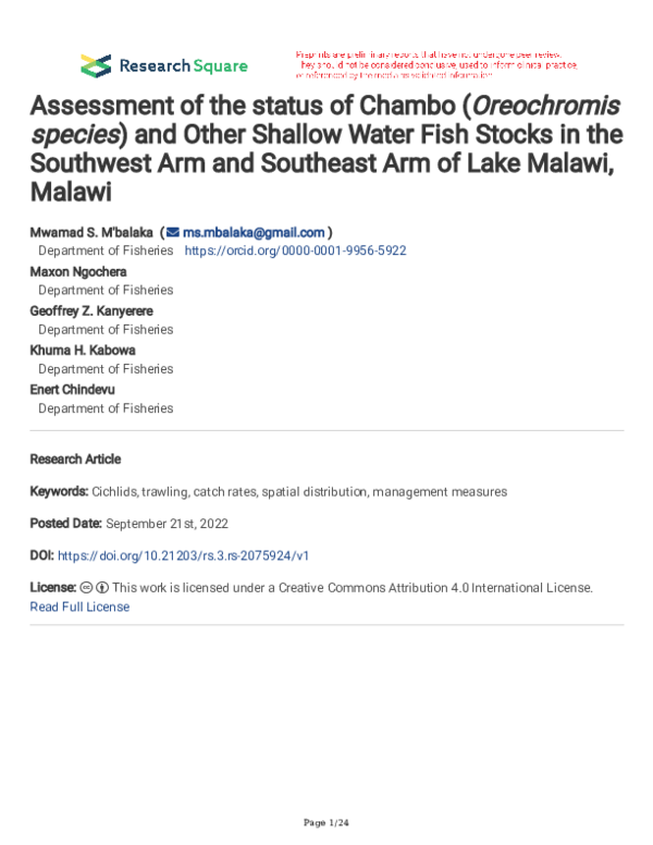 (PDF) Assessment of the status of Chambo (Oreochromis species) and ...