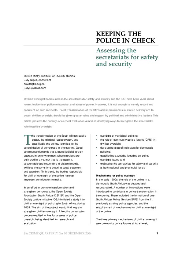(PDF) KEEPING THE POLICE IN CHECK: Assessing the secretariats for ...