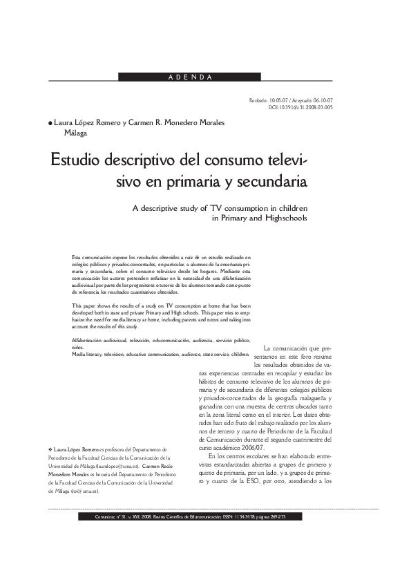 (PDF) Estudio descriptivo del consumo televisivo en primaria y secundaria