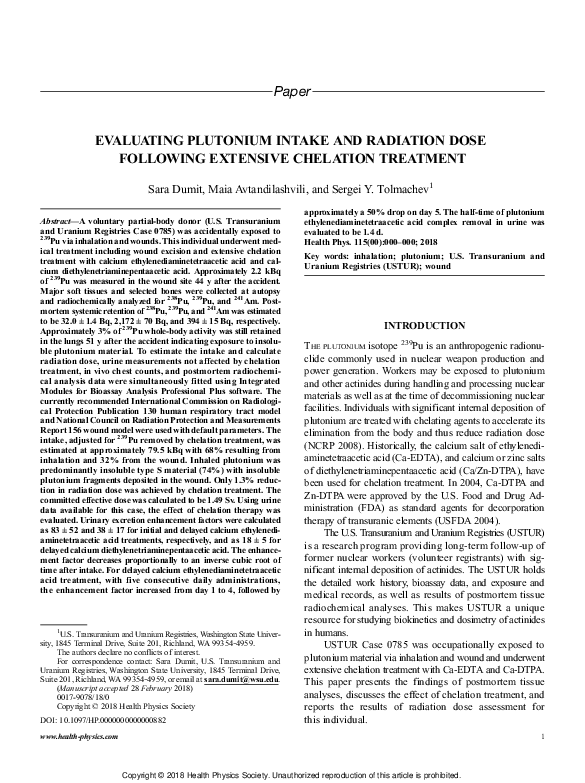 (PDF) Evaluating Plutonium Intake and Radiation Dose Following ...