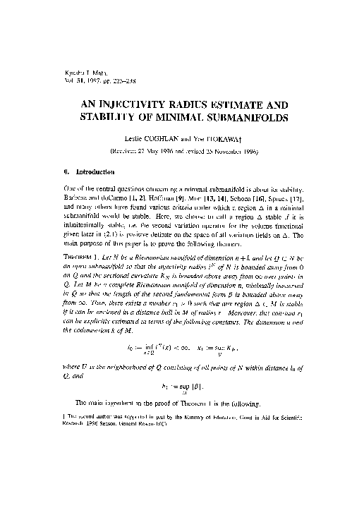 (PDF) An Injectivity Radius Estimate and Stability of Minimal Submanifolds