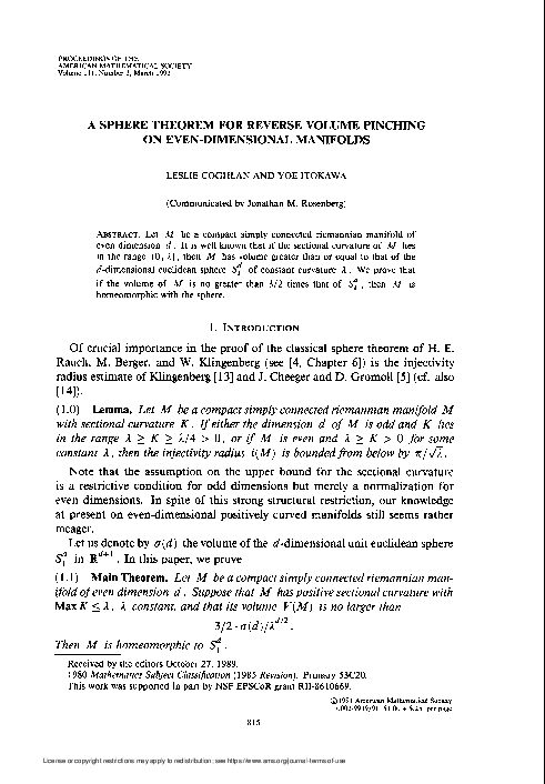 (PDF) A sphere theorem for reverse volume pinching on even-dimensional ...