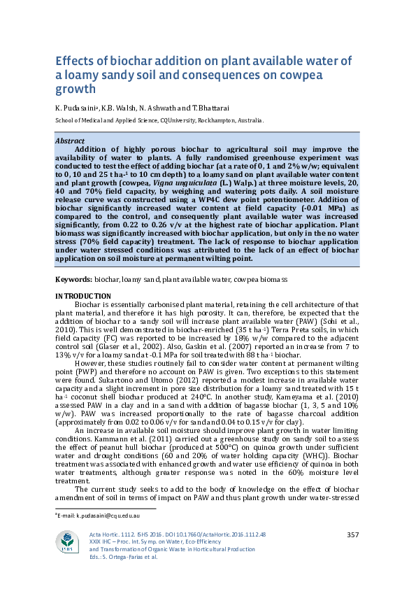 (PDF) Effects of biochar addition on plant available water of a loamy sandy soil and ...