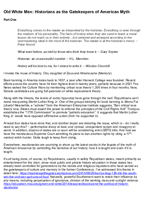 (DOC) Old White Men -- Historians as Gatekeepers of American Myth