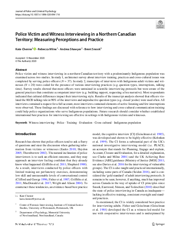 (PDF) Police Victim and Witness Interviewing in a Northern Canadian ...