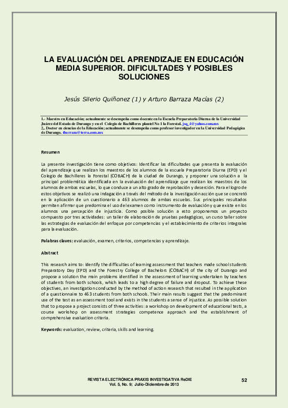 (PDF) La evaluación del aprendizaje en educación media superior: dificultades y posibles soluciones