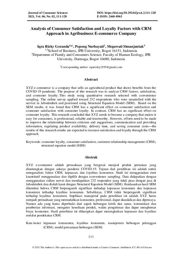 Pdf Analysis Of Consumer Satisfaction And Loyalty Factors With Crm Approach In Agribusiness E