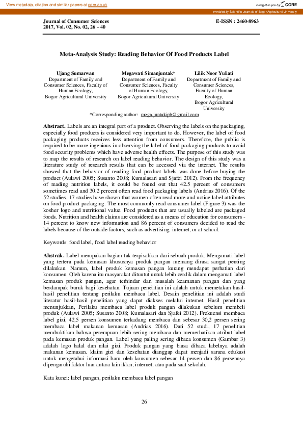(PDF) Meta-Analysis Study: Reading Behavior Of Food Products Label