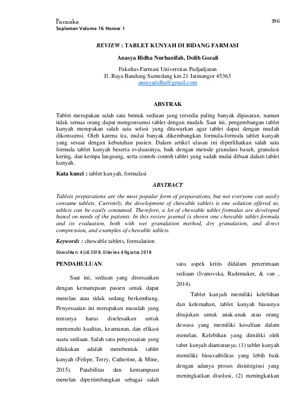 (PDF) Artikel Ulasan: Tablet Kunyah DI Bidang Farmasi