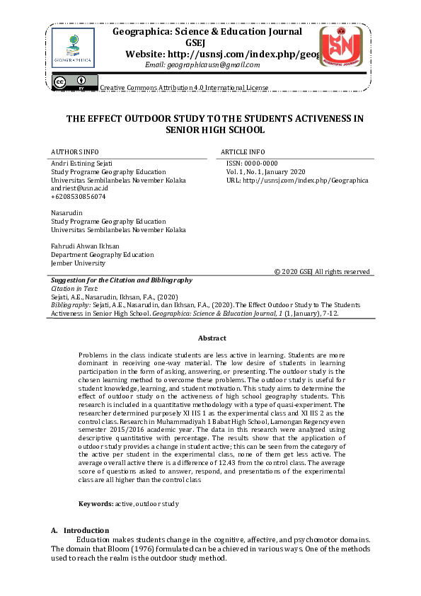 (PDF) The Effect Outdoor Study to the Students Activeness in Senior ...
