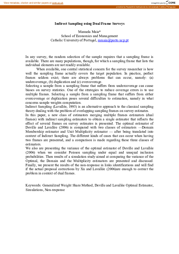 Pdf Indirect Sampling Using Dual Frame Surveys