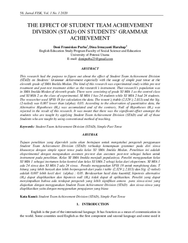 (PDF) The Effect of Student Team Achievement Division (Stad) on Students’ Grammar Achievement