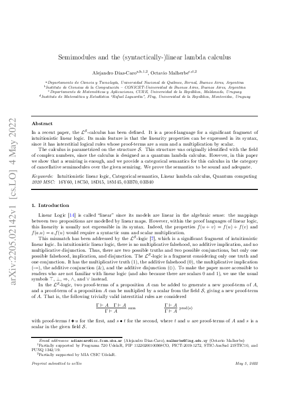 (PDF) Semimodules and the (syntactically-)linear lambda calculus