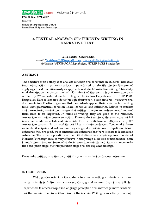 (PDF) A Textual Analysis of Students’ Writing in Narrative Text